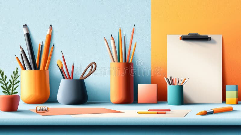 Colorful Desk Setup with Stationery and Plants Stock Illustration ...