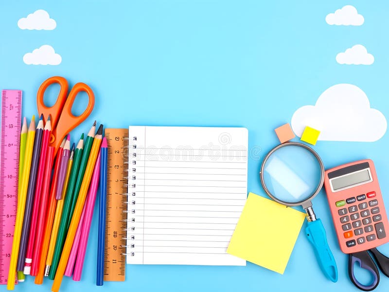 Colorful Desk Setup with Stationery and Supplies Stock Illustration ...