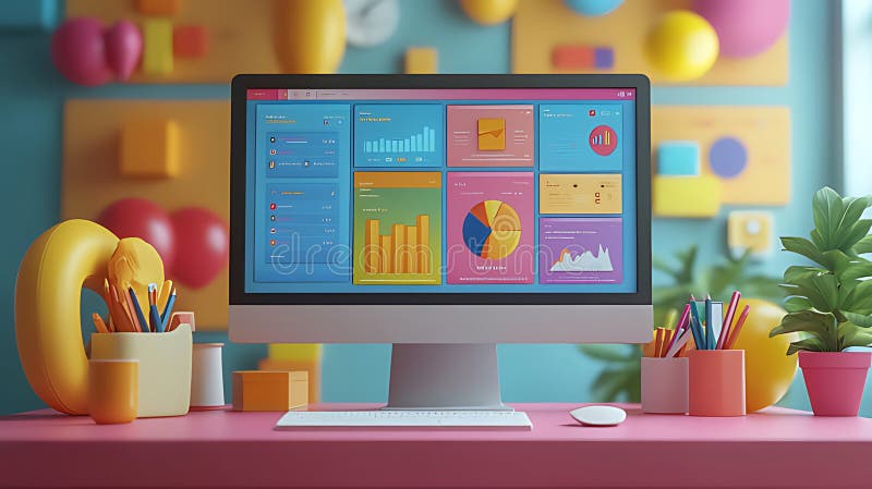 Colorful Desktop Computer Displaying Data Analytics Dashboard Stock ...