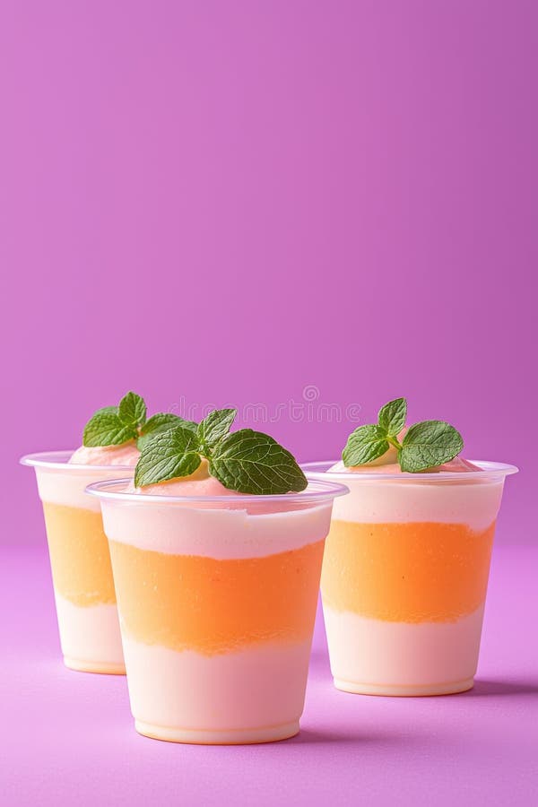 Colorful Dessert Cups with Layered Pudding and Mint Leaves on Pink ...