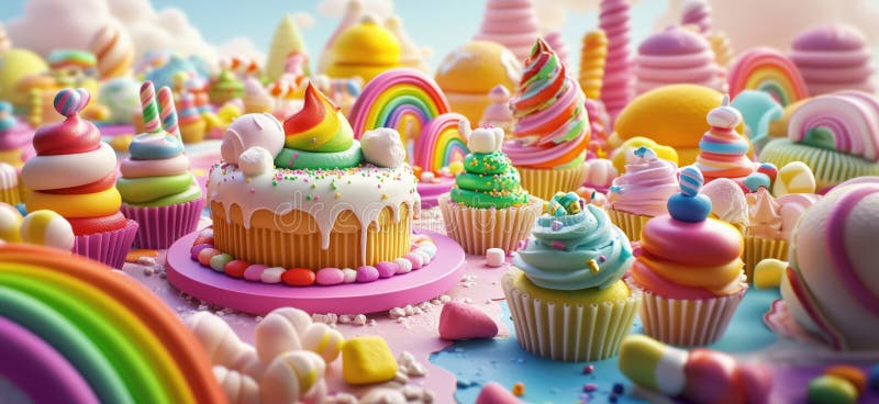 Colorful Dessert Landscape Featuring Rainbow Cake, Cupcakes, and Candy ...