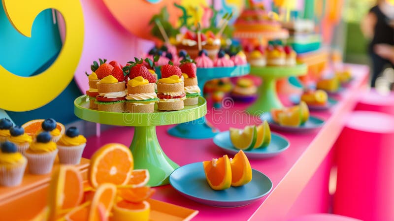 Colorful Dessert Table with Cakes Fruit and Bright Decorations Shown ...