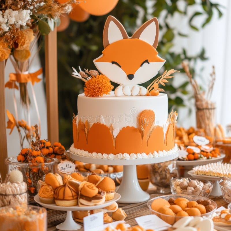 Colorful Dessert Table Featuring a Charming Fox-themed Cake Stock ...