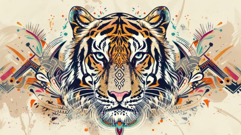 Vibrant Artistic Tiger Illustration with Tribal Patterns and Abstract ...