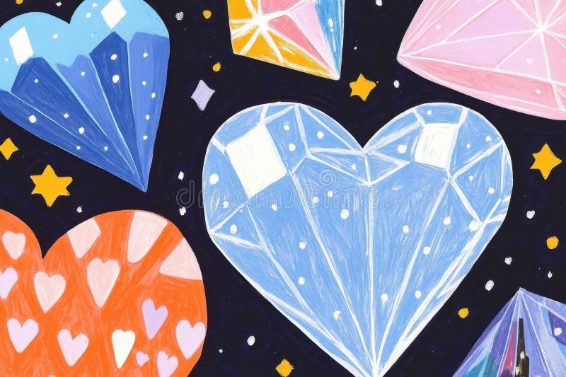 Colorful Diamond Heart Illustrations on Night Sky Background Stock ...
