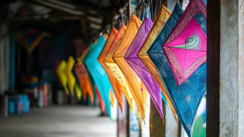 Colorful Diamond-Shaped Kites Hanging Underneath a Covered Structure ...