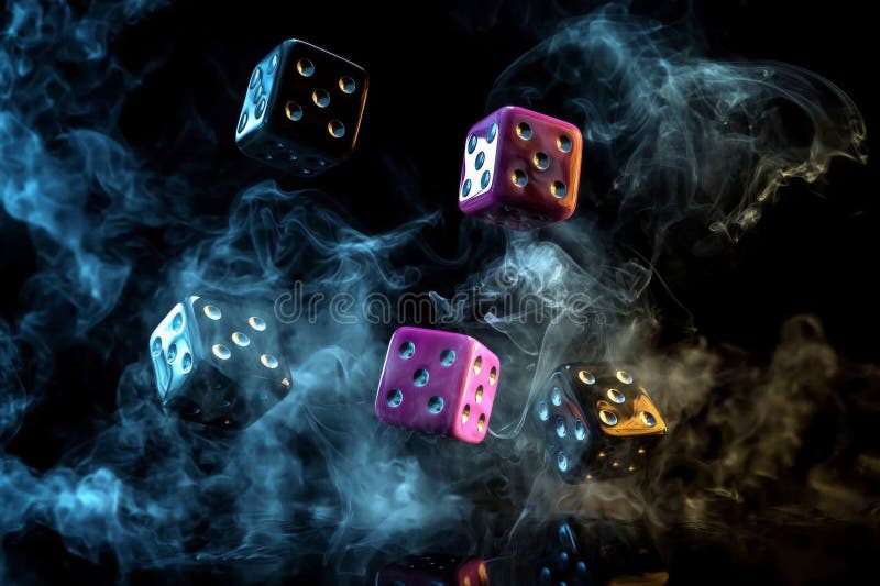 Colorful Dice Float in Smoke Against a Dark Background Creating a ...