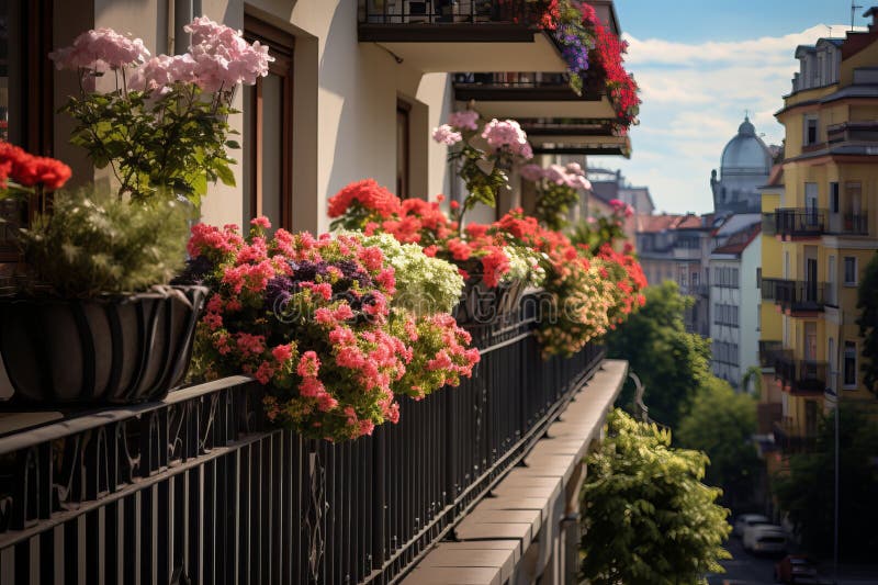 Colorful Different Flowers in Pots on Balcony or Terrace, Bright ...
