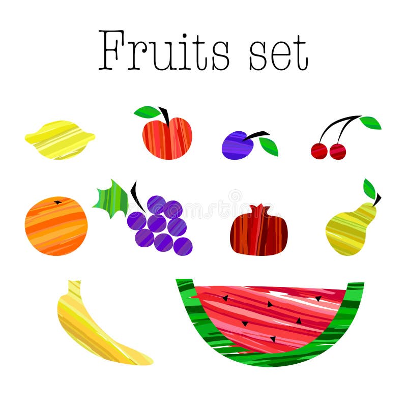 Colorful Different Fruits Set Vector Illustration. Brush Strokes Style ...