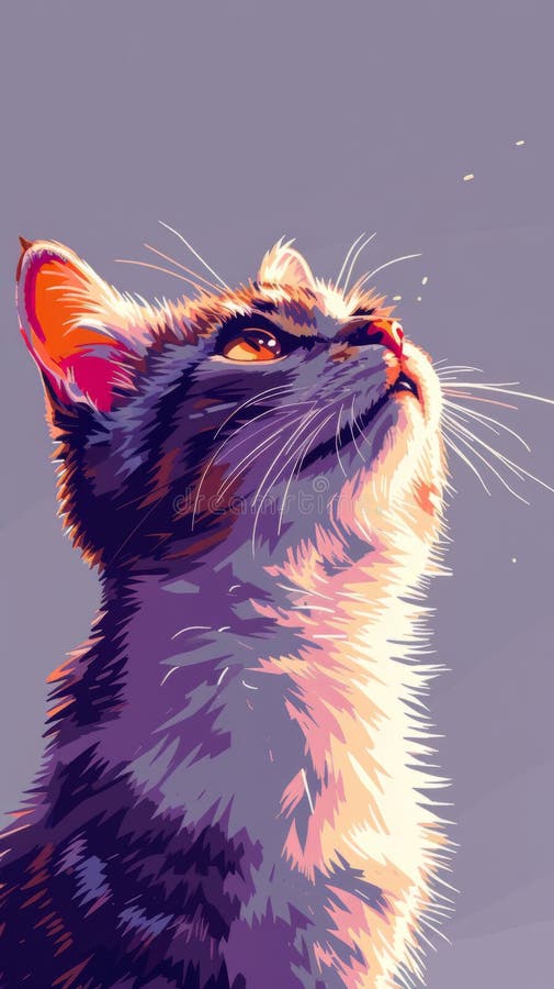Colorful Digital Art of a Cat Looking Upwards Stock Photo - Image of ...