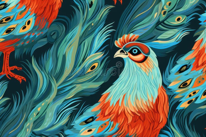 Colorful Digital Artwork Of A Rooster With Peacock Feather Patterns