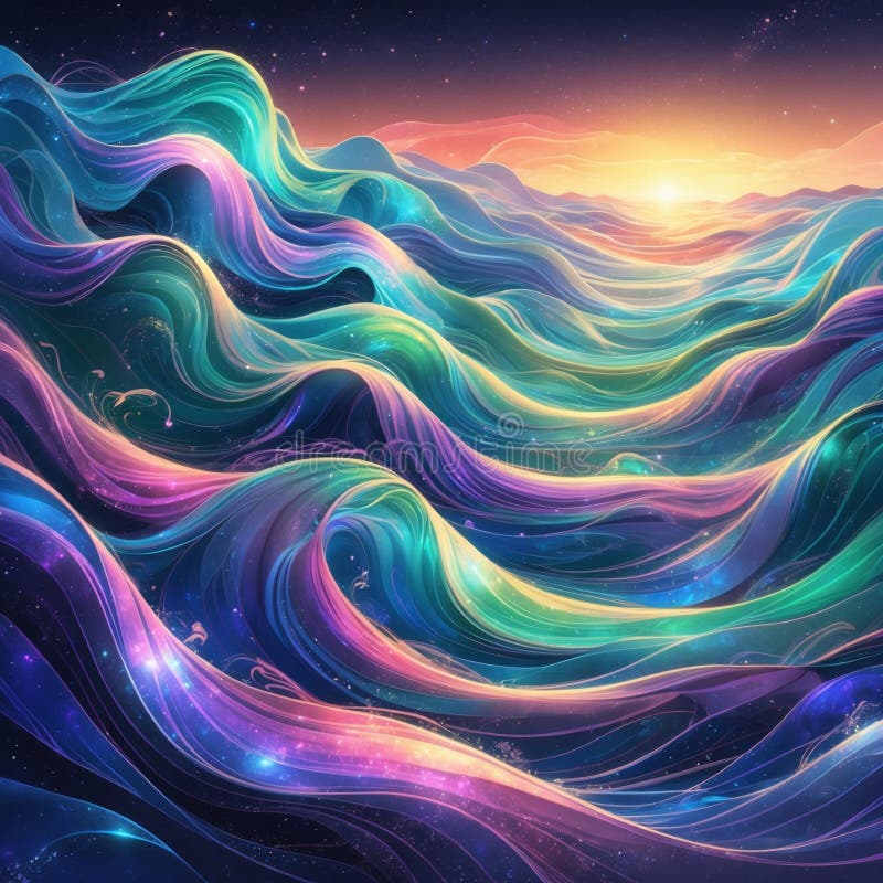 Colorful Digital Artwork of Vibrant Waves Under a Starry Sky at Sunset Stock Photo - Image of ...