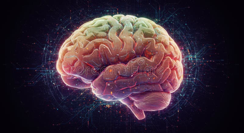 Colorful Digital Brain Rendering with Glowing Particles Stock ...