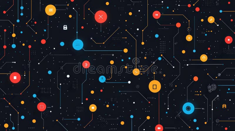 Colorful Digital Circuit Patterns with Nodes and Connections on Dark ...