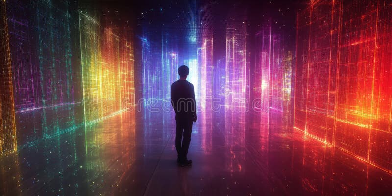Colorful Digital Corridor with Silhouette of Person Exploring Vibrant ...