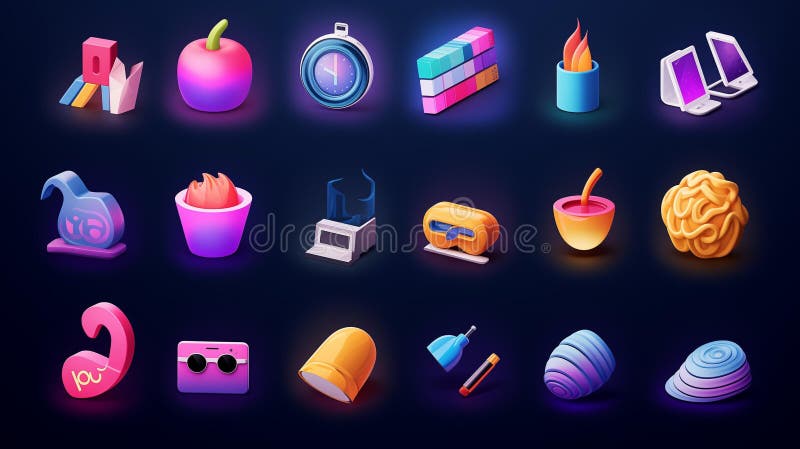 Colorful Digital Icons Representing Various Objects and Activities in a ...