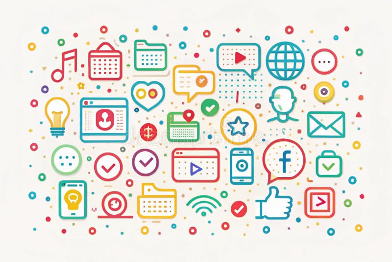 Colorful Digital Icons, Social Media, Communication, Workflow on Light ...