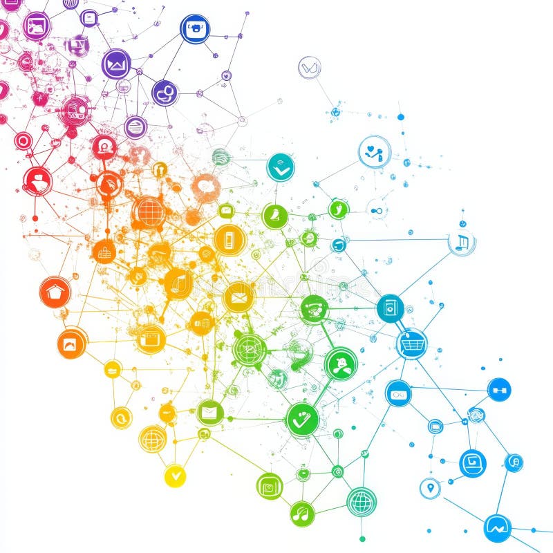 Colorful Digital Network Connections with Diverse Technology Icons on a ...