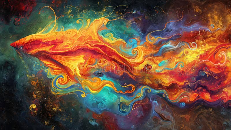 Colorful Digital Painting of a Fire Fish with Fluid Style Stock ...