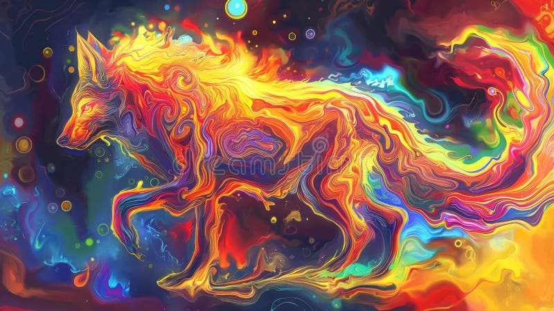 Colorful Digital Painting of a Fire Wolf with Fluid Style Stock ...