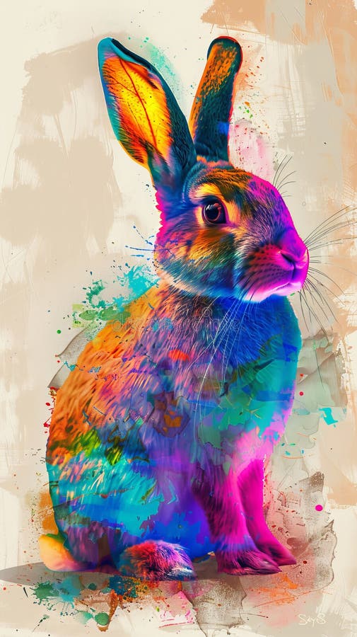 Colorful Digital Painting of a Rabbit with Abstract Background Stock ...