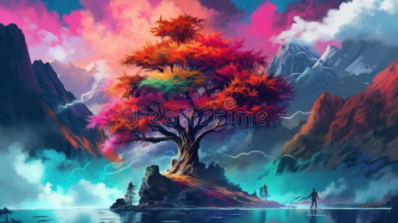 Colorful Digital Painting of a Tree on Mountain Generative AI Stock ...