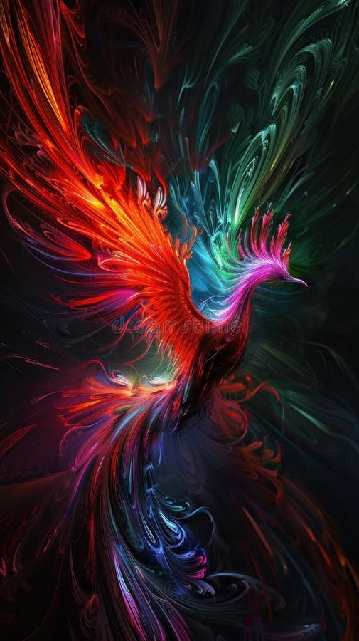 A Colorful, Digital Phoenix Rises, Embodying Rebirth Amidst the Dark ...