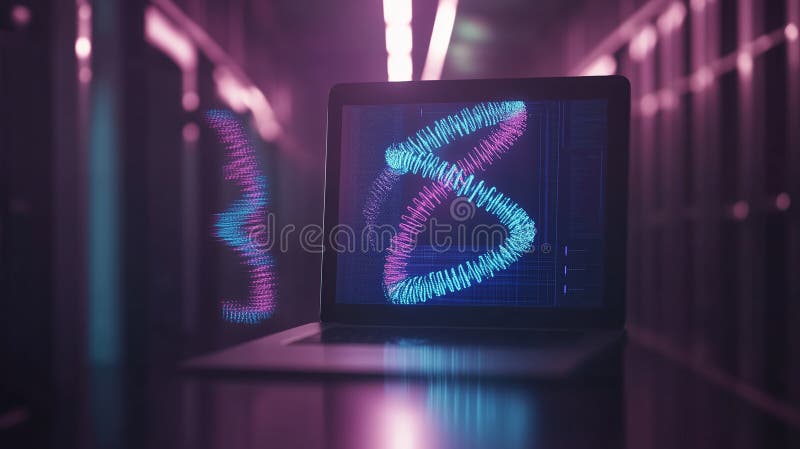 Colorful Digital Waveform Visualization on a Laptop in a Tech Lab at ...