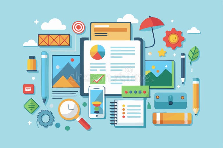 A Colorful Digital Workspace Showcases Various Tools, Charts, and Documents on a Flat Vector ...