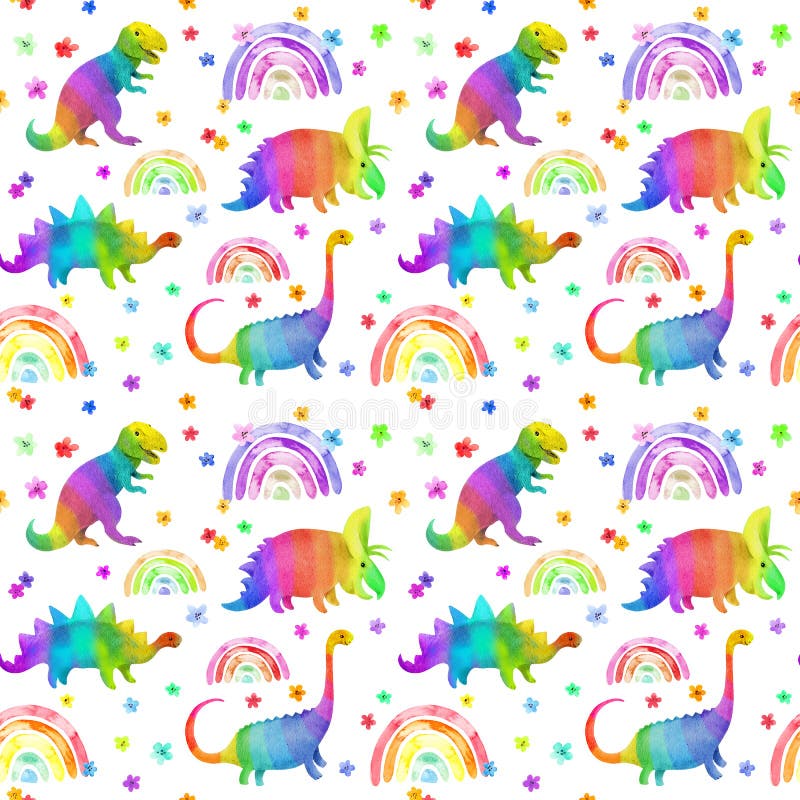 Colorful Dinosaurs, Rainbows, Flowers Seamless Pattern. Cute Character ... Colorful Dinosaurs, Rainbows, Flowers Seamless Pattern. Cute Character ...