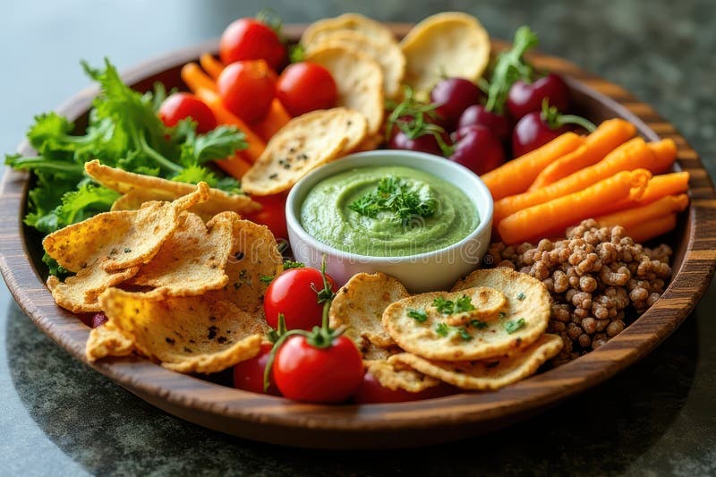 Colorful Dip Chips Spread with Fresh Vegetables and Pita Triangles ...