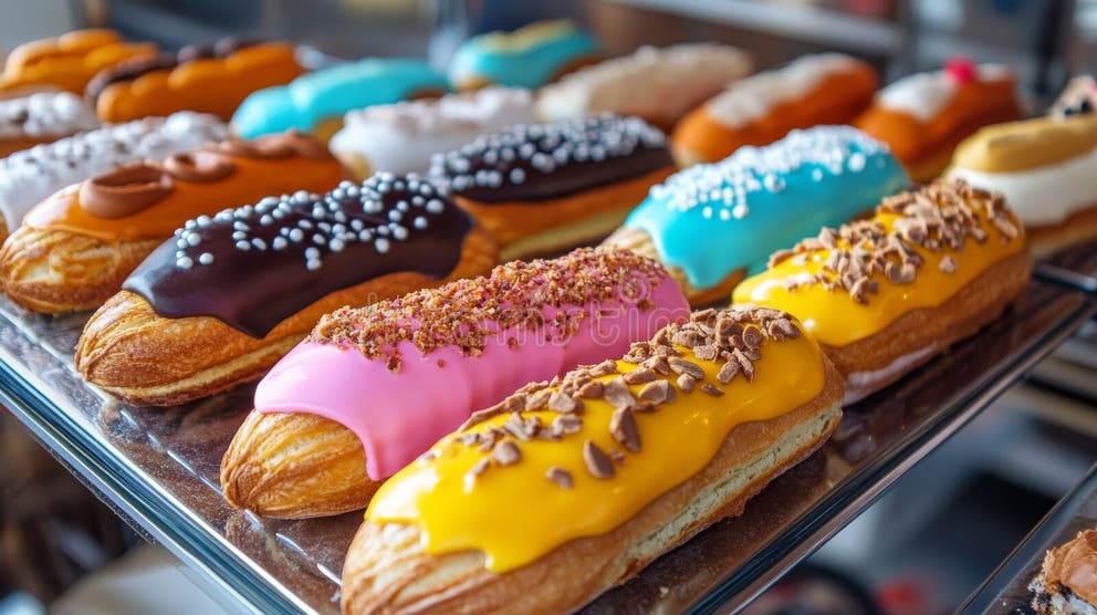 Colorful Display of Assorted Eclairs with Various Toppings Stock Image ...