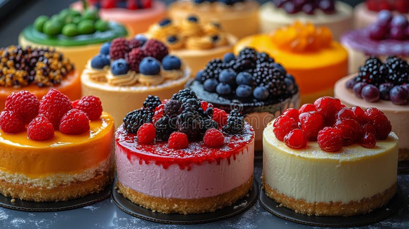 Colorful Display of Assorted Fruit Cheesecakes in a Bakery during a ...