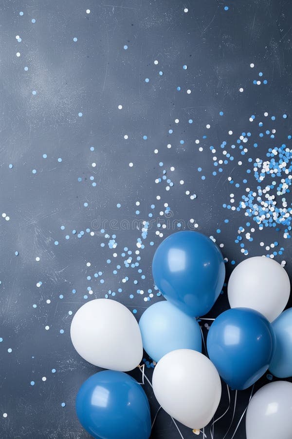 A Colorful Display of Blue and White Balloons with Confetti on a Grey ...