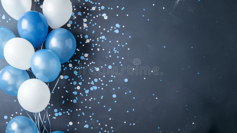 A Colorful Display of Blue and White Balloons with Confetti on a Grey ...