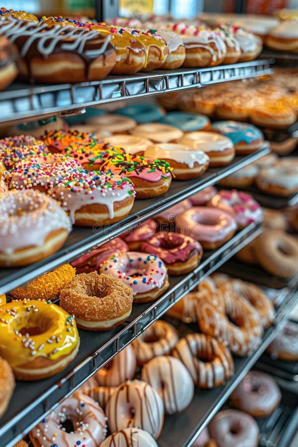 A Colorful Display Case Filled with Various Types of Donuts, Perfect ...