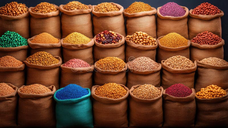 Colorful Display of Diverse Grains and Legumes in Burlap Sacks Stock ...