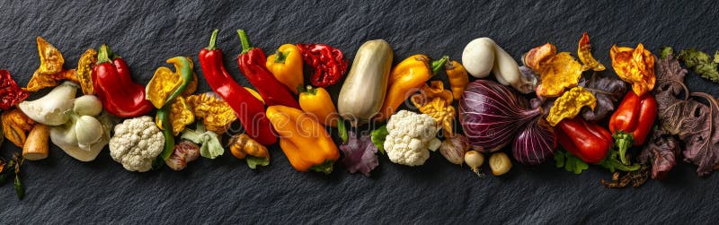 A Colorful Display of Exotic Vegetables Covers a Textured Slate Surface ...