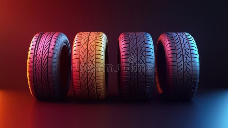 Colorful Display of Four Car Tires Showcasing Different Tread Patterns ...
