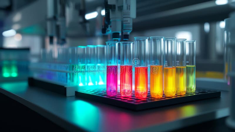 Multi-Colored Glowing Liquid in Laboratory Test Tubes Showcasing ...