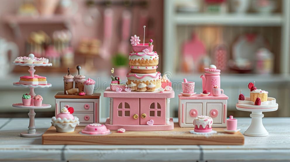 Delightful Miniature Pink Cake Shop Display with Sweet Treats Stock ...