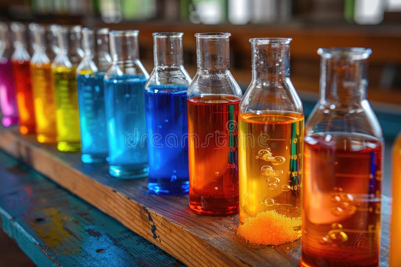 Vibrant Rainbow Colored Liquids in Glass Bottles on Wooden Surface ...