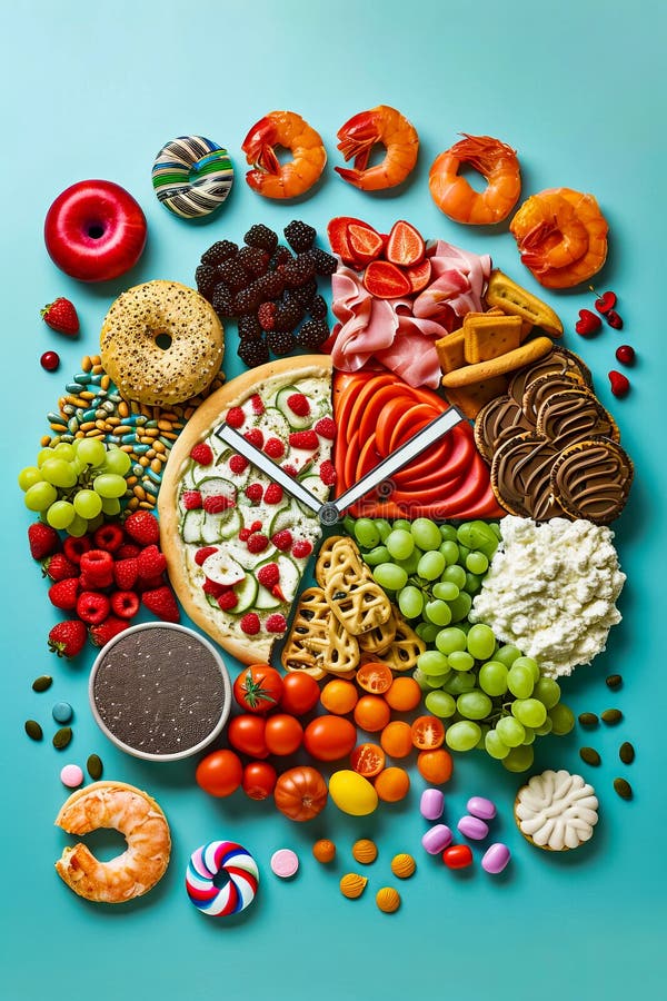 Colorful Display of Many Different Types of Food Arranged in Clock-like ...