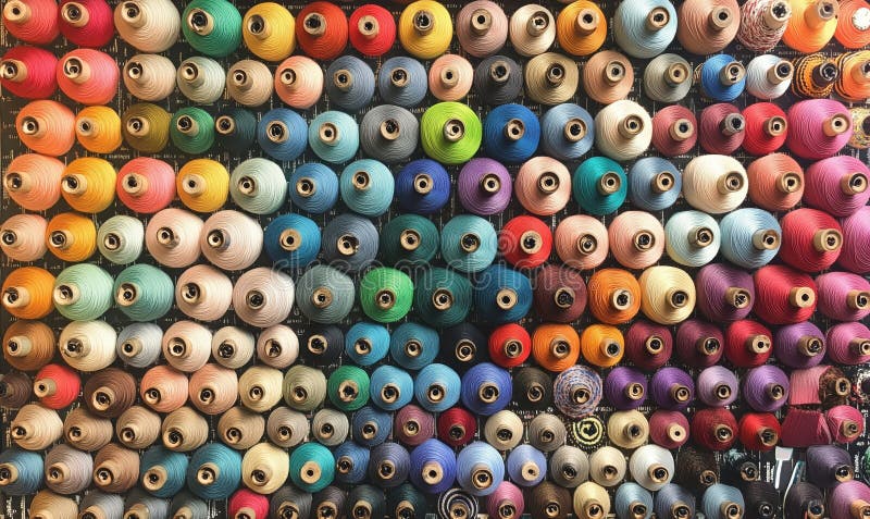 Colorful Display of Sewing Thread Spools Arranged in Vibrant Patterns ...
