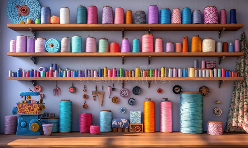 Colorful Display of Sewing Threads and Spools in a Craft Room Setting ...