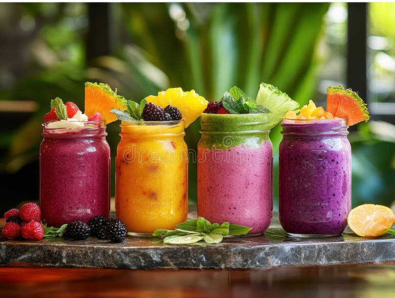 A Colorful Display of Smoothies in Mason Jars, Garnished with Fruits ...