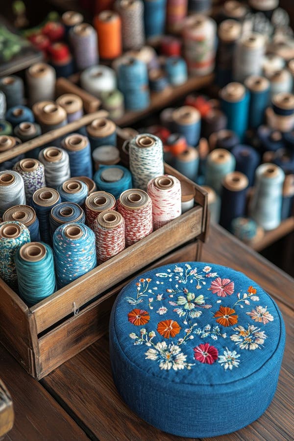 Colorful Display of Spools and Embroidered Fabrics in a Vintage Sewing ...