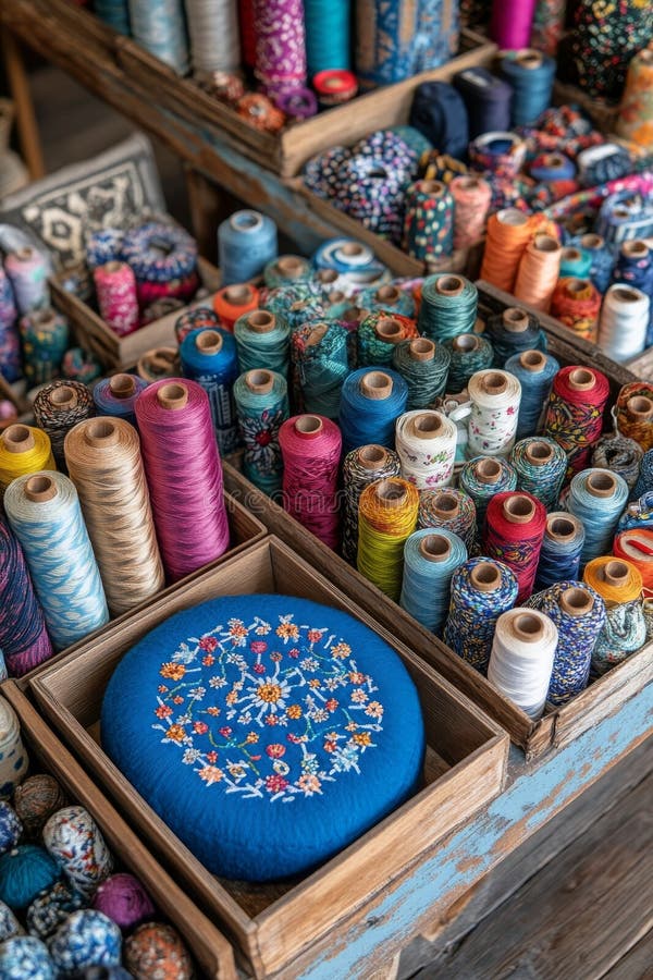 Colorful Display of Spools and Embroidered Fabrics in a Vintage Sewing ...