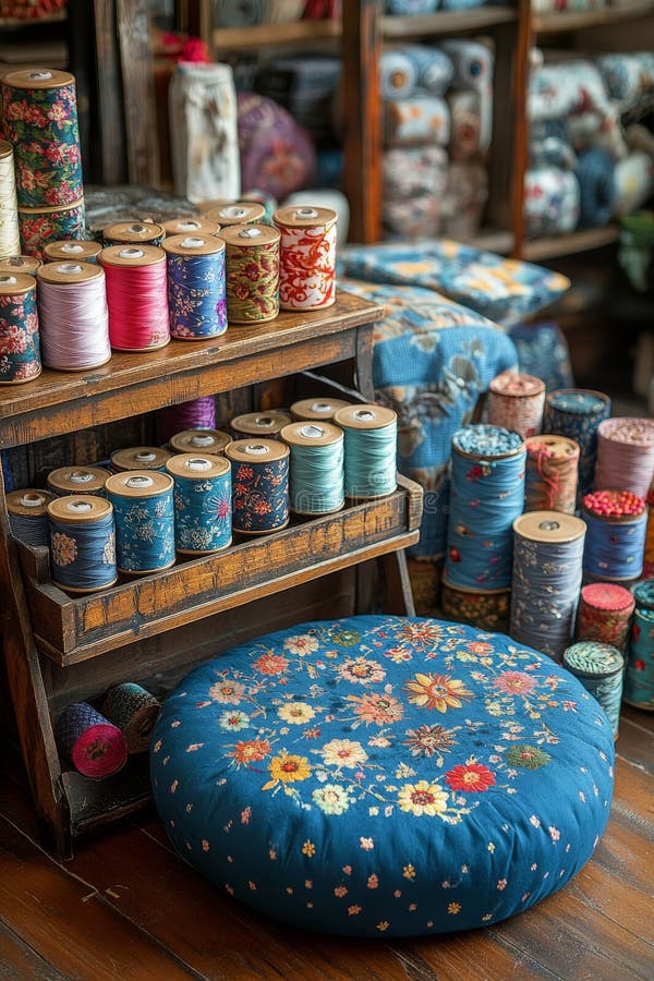 Colorful Display of Spools and Embroidered Fabrics in a Vintage Sewing ...