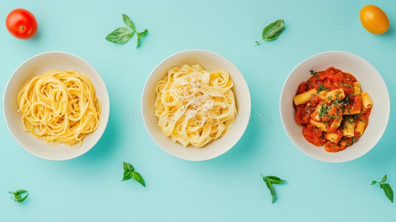 A Colorful Display of Three Pasta Dishes on a Light Blue Background ...
